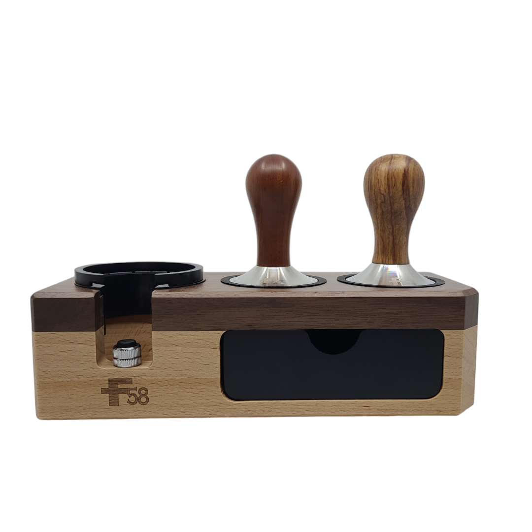 F58 Walnut & Beech Wood Tamping Station | Faema Canada